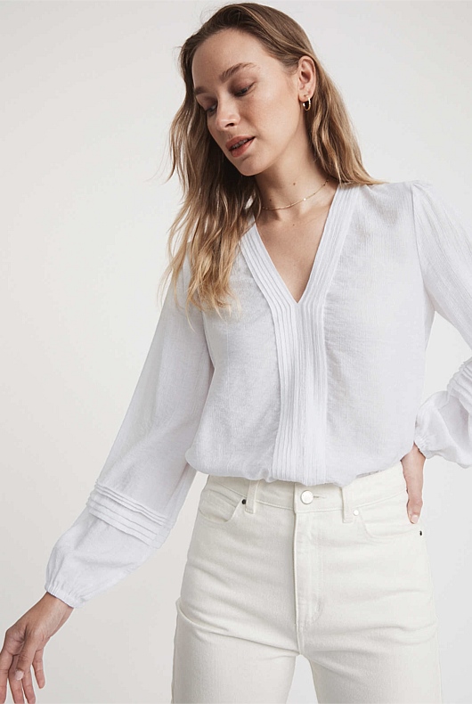 Pure White Textured V Neck Pin Tuck Blouse - Women's Long Sleeve Shirts ...