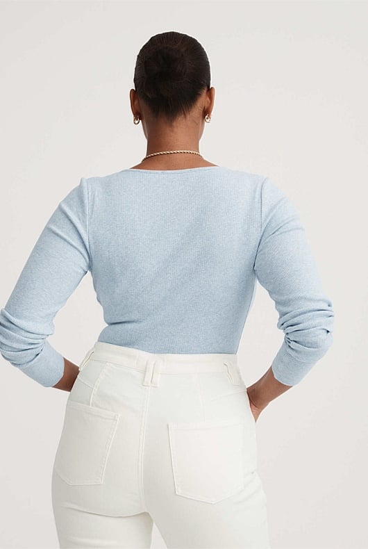 Smoke Blue Cotton Rib Wide Neck Top - Women's Long Sleeve Tops | Witchery