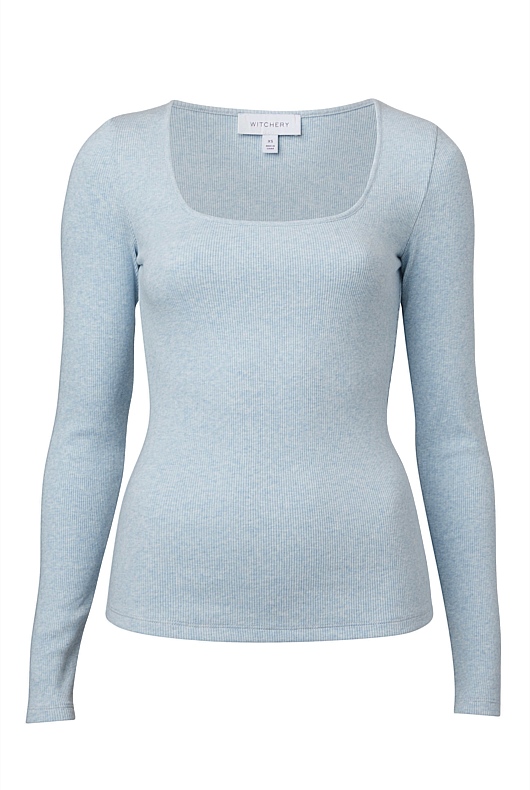 Smoke Blue Cotton Rib Wide Neck Top - Women's Long Sleeve Tops | Witchery