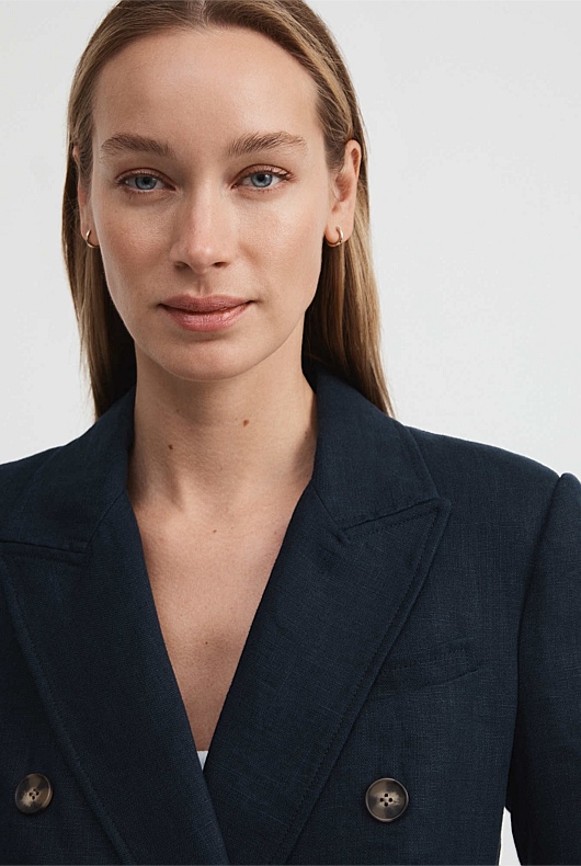 Regatta Blue Linen Double-Breasted Crop Sleeve Blazer - Women's Blazers ...