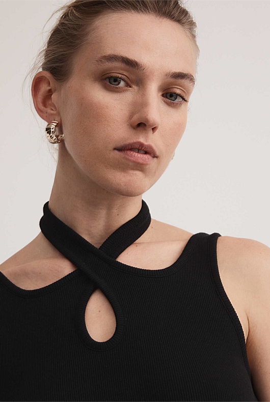 Black Cotton Rib Strap Tank - Women's Evening Tops | Witchery