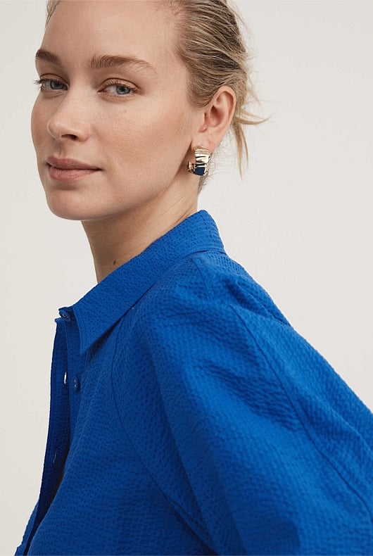 Bold Blue Seersucker Puff Sleeve Blouse - Women's Evening Shirts | Witchery