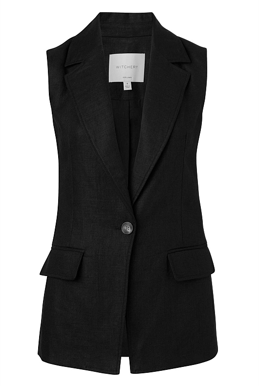 Black Linen Longline Vest - Women's Blazers | Witchery
