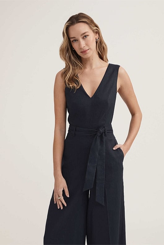 Blue Night Stretch Linen Blend Jumpsuit - Women's Natural Fibres | Witchery