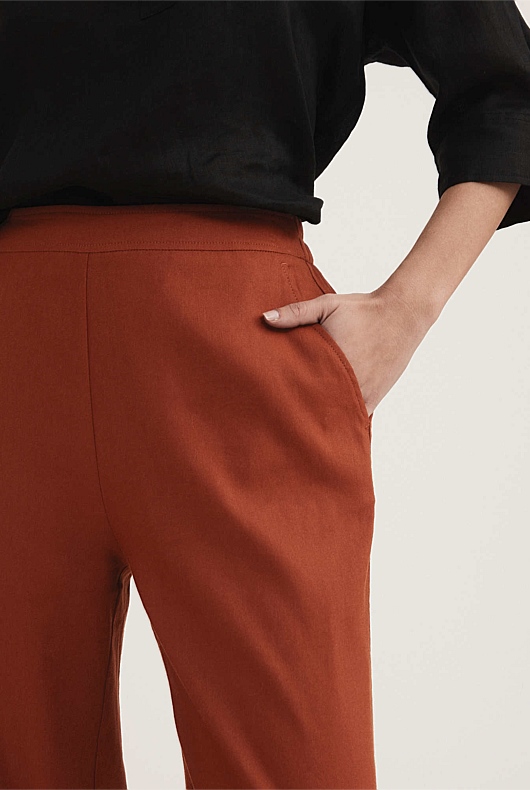 Burnt Red Stretch Linen Blend Straight Leg Pant - Women's High Waisted ...