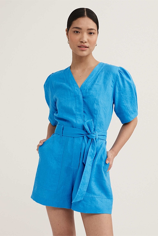 Cyan Linen Puff Sleeve Playsuit - Women's Natural Fibres | Witchery