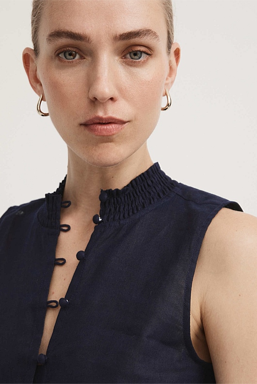 Blue Night French Linen High Neck Racer - Women's Linen Shirts | Witchery