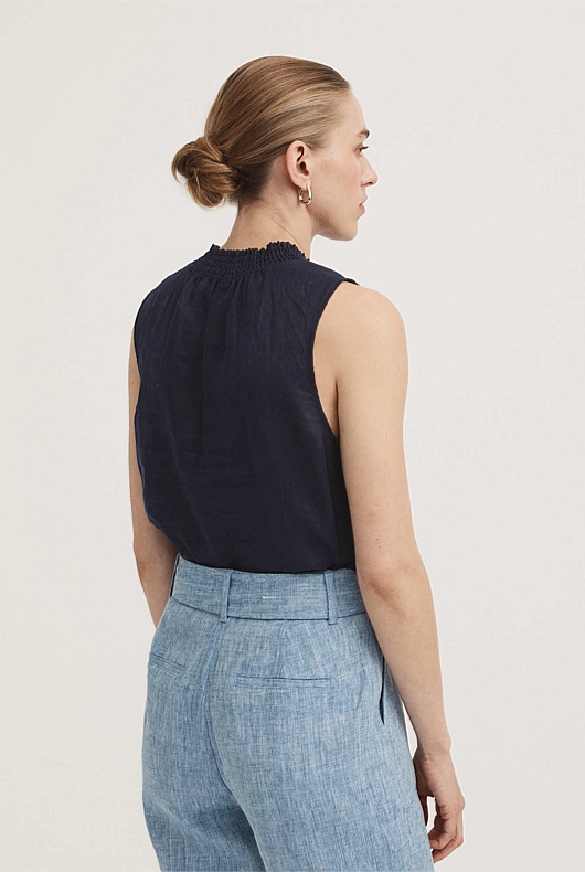 Blue Night French Linen High Neck Racer - Women's Linen Shirts | Witchery