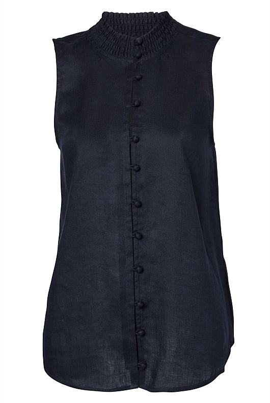 Blue Night French Linen High Neck Racer - Women's Linen Shirts | Witchery