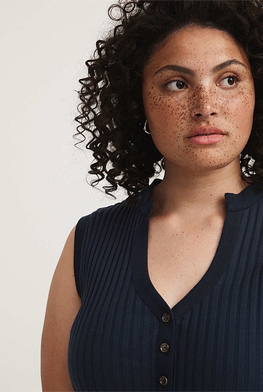 Regatta Blue Cotton V Neck Henley Tank - Women's Sleeveless Tops | Witchery