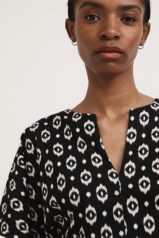 Pitch Black Cotton Ikat Print Top - Women's Short Sleeve Tops | Witchery
