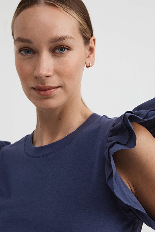 Ink Blue Cotton Ruffle Sleeve Top - Women's Evening Tops | Witchery