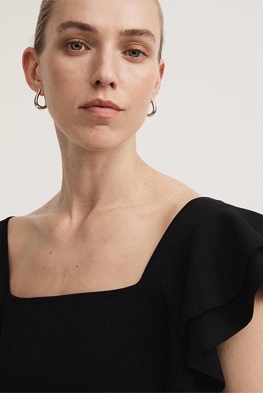 Black Crepe Ruffle Sleeve Knit - Women's Short Sleeve Tops | Witchery