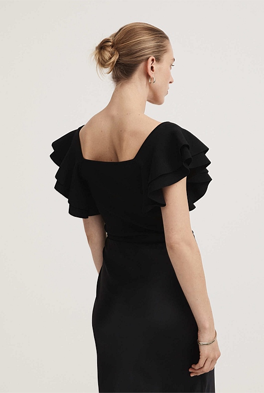 Black Crepe Ruffle Sleeve Knit - Women's Short Sleeve Tops | Witchery