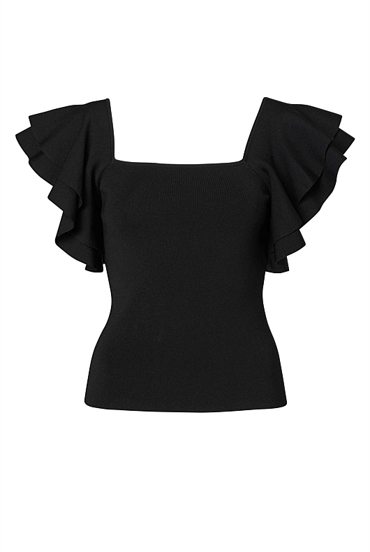 Black Crepe Ruffle Sleeve Knit Womens Short Sleeve Tops Witchery