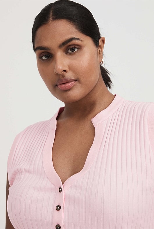 Shell Pink Cotton V Neck Henley Tank - Women's Sleeveless Tops | Witchery