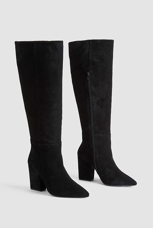 Black Suede Knee High 90mm Heeled Boot - Women's Workwear Shoes | Witchery