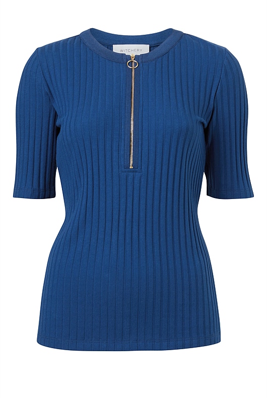 Eclipse Blue Cotton Rib Zip Front Top - Women's Short Sleeve Tops ...