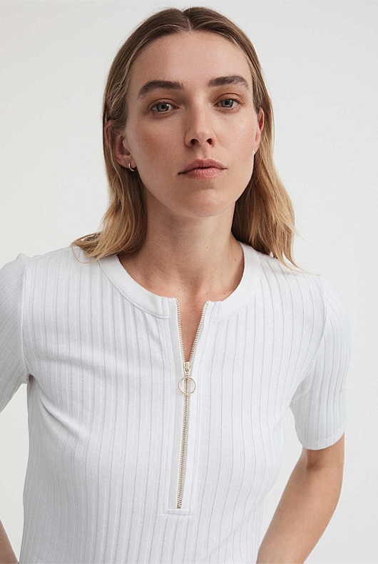 Pure White Cotton Rib Zip Front Top - Women's Short Sleeve Tops | Witchery