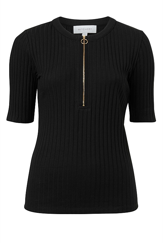 Black Cotton Rib Zip Front Top - Women's Long Sleeve Tops | Witchery