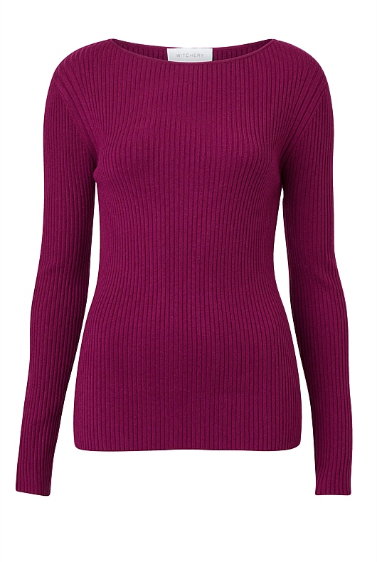 Deep Magenta Boat Neck Rib Knit - Women's Long Sleeve Tops | Witchery