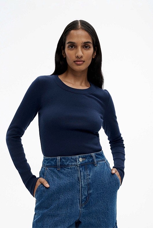 Regatta Blue Long Sleeve Rib Top - Women's Tops & T Shirts | Witchery