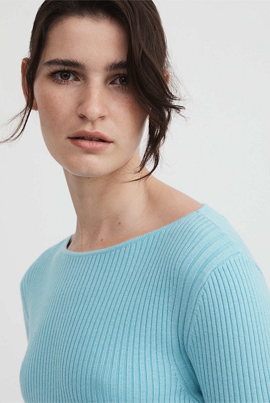 Fresh Blue Boat Neck Rib Knit - Women's Long Sleeve Tops | Witchery