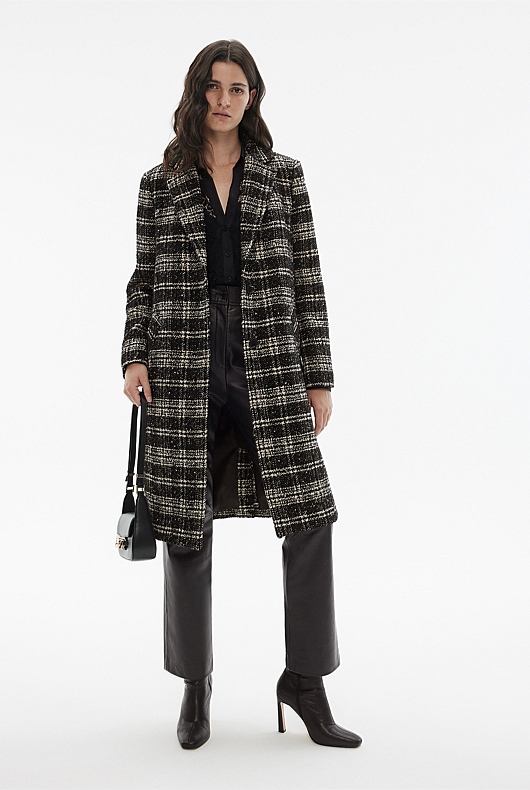 Black Wool Blend Yarn Dye Check Coat - Women's Wool Coats | Witchery