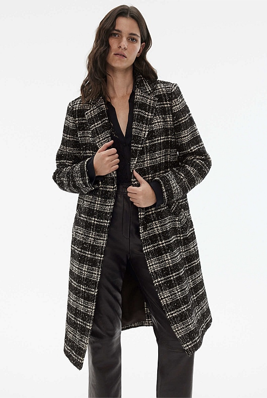 Black Wool Blend Yarn Dye Check Coat - Women's Wool Coats | Witchery