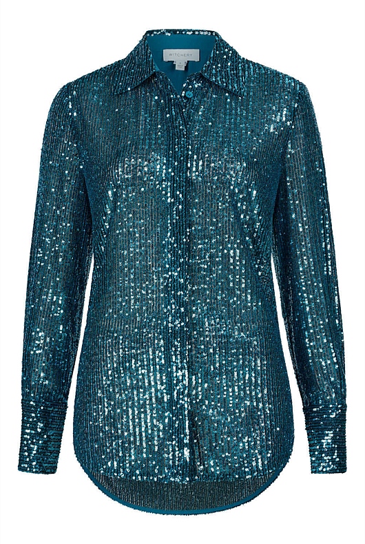 Opal Blue Sequin Shirt - Women's Evening Shirts | Witchery