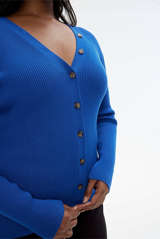 Bold Blue Button Through Rib Knit - Women's Long Sleeve Tops | Witchery