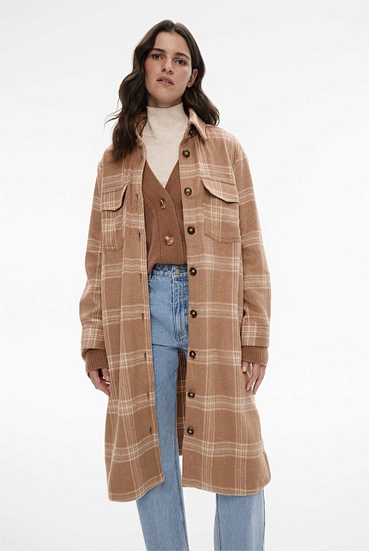 Sand Wool Blend Check Longline Shacket - Women's Jackets | Witchery
