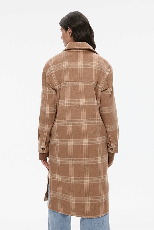 Sand Wool Blend Check Longline Shacket - Women's Jackets | Witchery