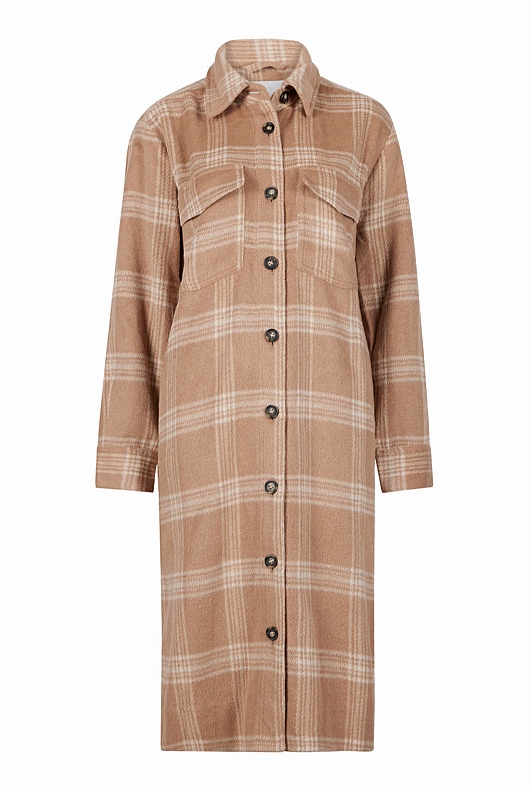 Sand Wool Blend Check Longline Shacket - Women's Jackets | Witchery