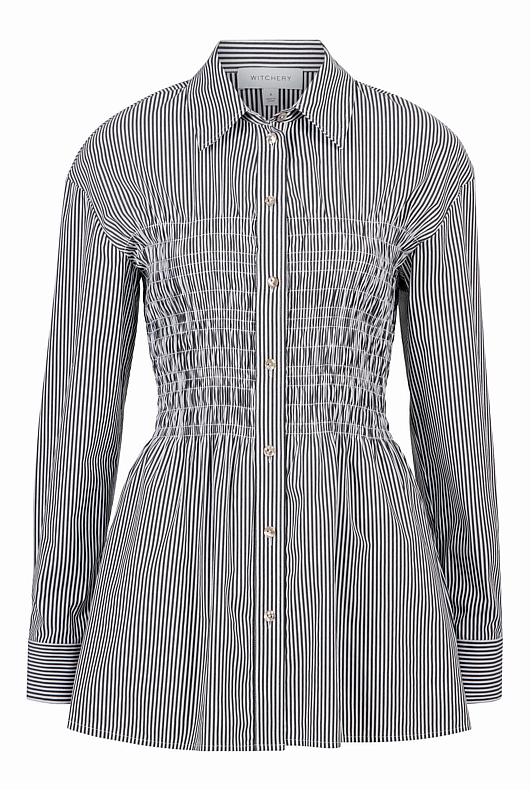 Onyx Cotton Stripe Shirred Shirt - Women's Long Sleeve Shirts | Witchery