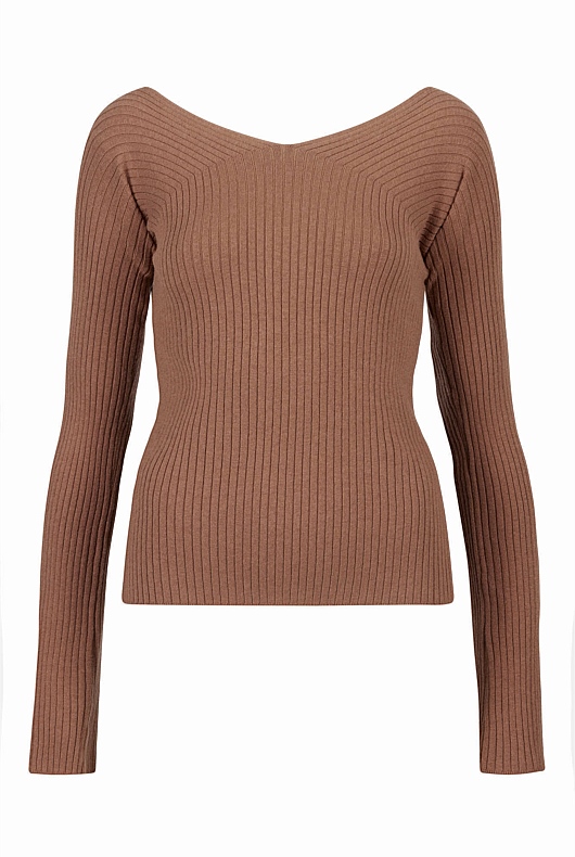 Camel Rib Wide V Neck Knit - Women's Evening Tops | Witchery