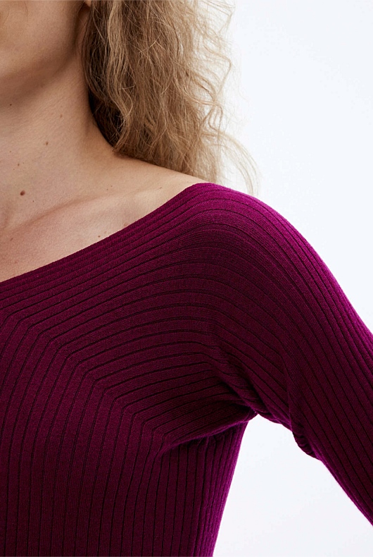 Deep Magenta Rib Wide V Neck Knit - Women's Evening Tops | Witchery