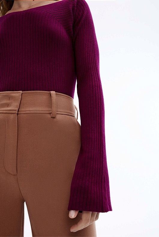 Deep Magenta Rib Wide V Neck Knit - Women's Evening Tops | Witchery