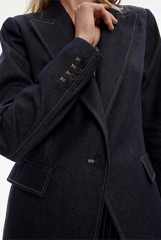 Blue Night Yarn Dye Peaked Lapel Single-Breasted Blazer - Women's ...