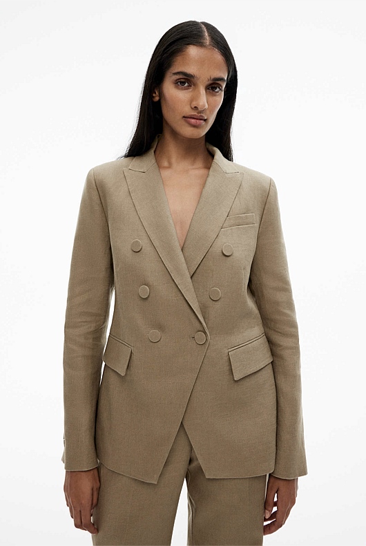 Washed Green Linen Double-Breasted Blazer - Women's Blazers | Witchery