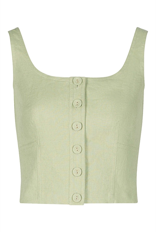 Pistachio French Linen Cropped Button Bodice - Women's Sleeveless Tops ...