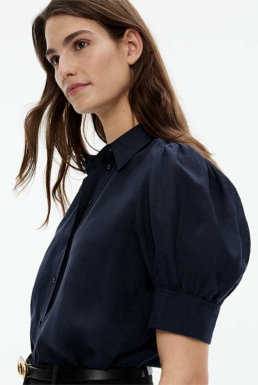 Blue Night Gathered Puff Sleeve Blouse - Women's Puff Sleeve Shirts ...
