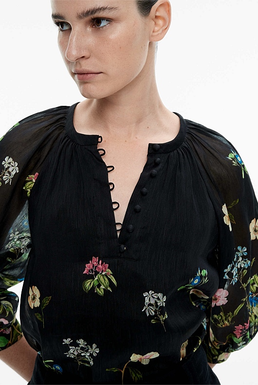Raven Botanical Silk Linen Blouse - Women's Evening Shirts | Witchery
