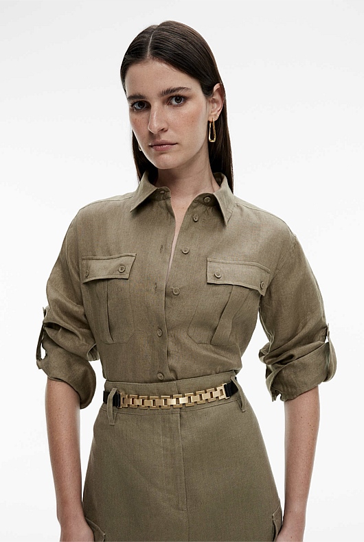 Washed Green French Linen Pocket Detail Shirt - Women's Linen Shirts ...