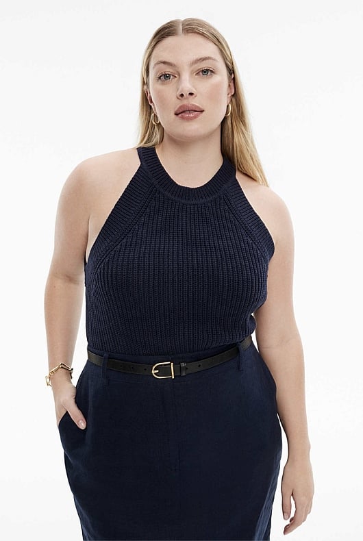 Blue Night Cotton High Neck Tank - Women's Knitwear | Witchery