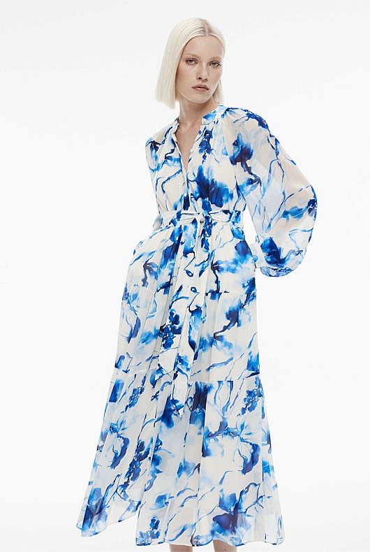 Blue Watercolour Marble Ink Gathered Dress - Women's A Line Dresses ...