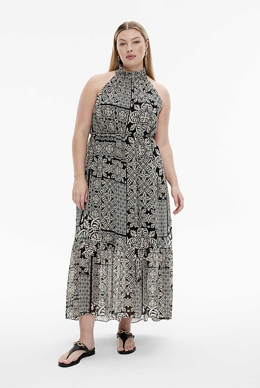 Black Carbon Tile Print Halter Dress - Women's Christmas Party Dresses ...