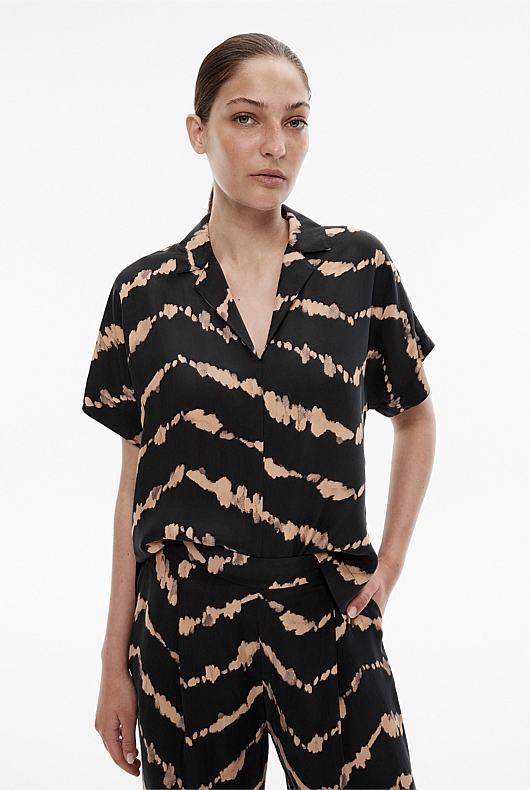 Black Speckle Cupro Print Pop Over Blouse - Women's Oversized Shirts ...