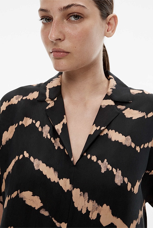 Black Speckle Cupro Print Pop Over Blouse - Women's Oversized Shirts ...