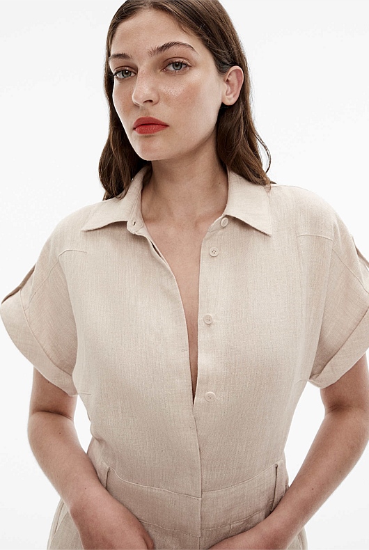 Flax Yarn Dye French Linen Utility Playsuit - Women's Natural Fibres ...